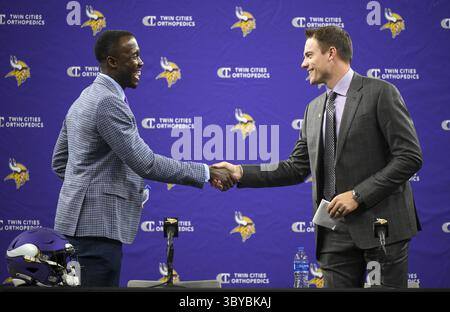 Minnesota Vikings' new general manager Nolan Teasley talks during an ...