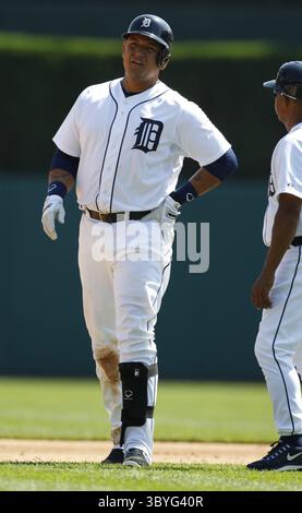 Detroit Tigers' Miguel Cabrera looks on before a baseball game against ...