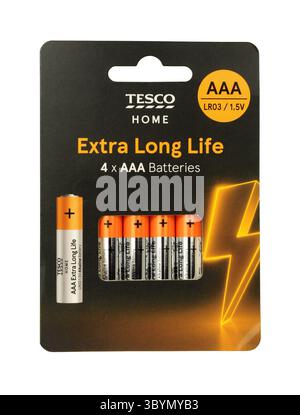 Tesco extra long life alkaline AAA batteries four pack Stock Photo - Alamy