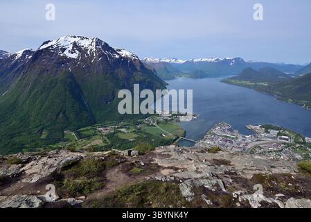 The view from Nesaksla mountaintop of the Romsdalsfjord and Romsdalen ...