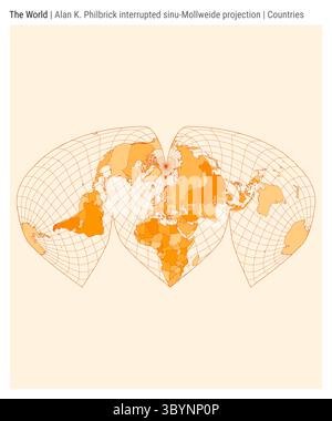 Map of the World. Mollweide projection interrupted into two equal-area ...