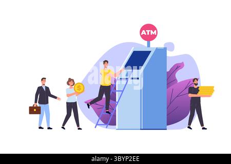 Vector illustration with people near ATM. Man with bank card, male ...