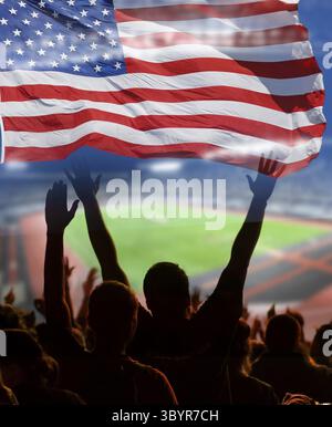 Soccer ball in flag colors on a bright blurred stadium background ...