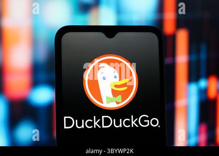 In this photo illustration, the DuckDuckGo (Duck Duck Go) logo is seen ...