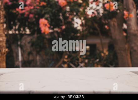 Marble tabletop on sunny terrace Stock Photo - Alamy