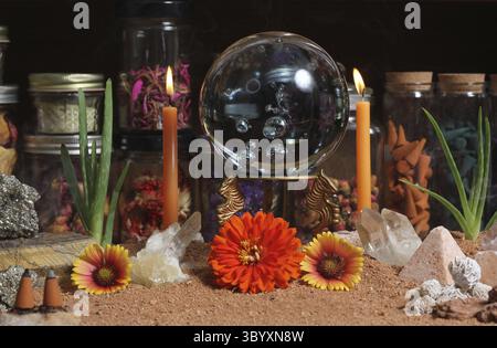 Crystal Ball With Candles and Chakra Stones on Australian Red Sand ...