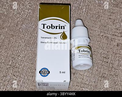 Giza, Egypt, July 4 2025: Tobrin 0.3 eye drops 5 ml Tobramycin sterile ...