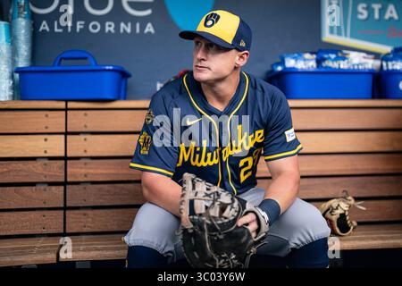 Milwaukee Brewers' Andrew Vaughn (28) gets splashed by Andruw ...