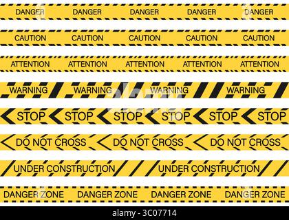Yellow and black warning tapes with text danger isolated on white ...