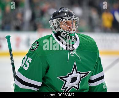 Dallas Stars goaltender Anton Khudobin attempts to block a shot from ...