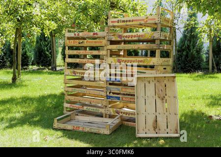 Stacked fruit crates for the apple harvest Stock Photo - Alamy