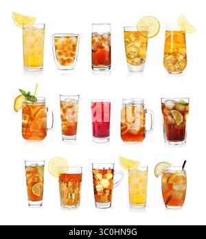Iced tea. Different types of drinks in glasses isolated on white, set ...
