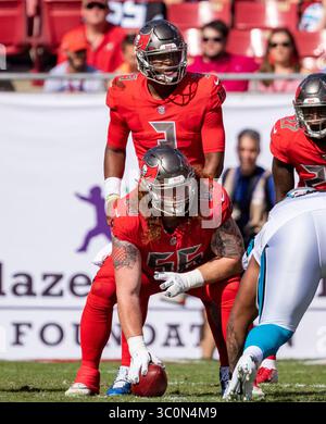 Tampa Bay Buccaneers center Ryan Jensen (66) watches the defensive line ...