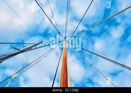 Masts of sailing yachts without sails with anchoring ropes. View from ...