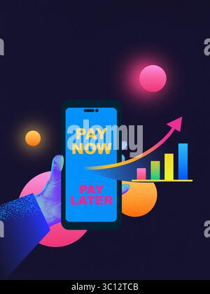 Bold colorful collage of phone screen with pay now pay later options ...