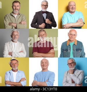 Senior men on different colors backgrounds, set of portraits Stock ...