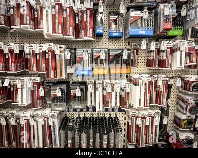 Woodworking workshop wall displaying tools and equipment for carpentry ...