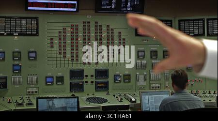 Control room and reactor shut-down switch in Hinkley Point B nuclear power station. Somerset, UK ...