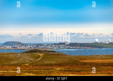 View of the town of Vardo, a town on an island in the Barents Sea in ...