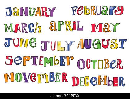 Collection of words, names of 12 months of the year. Hand written ...