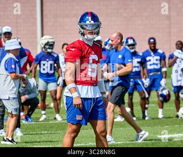 New York quarterback Jaxson Dart (6) address the media during organized ...