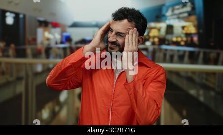 Hispanic man in orange jumpsuit appears confused in bustling shopping ...