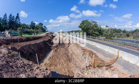 Road highway expansion earthworks stones base foundation layout close ...