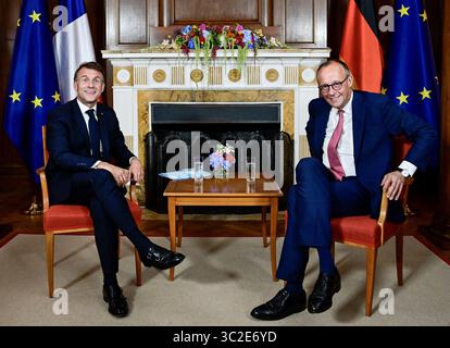 German Chancellor Friedrich Merz, right, and French President Emmanuel ...