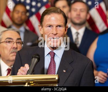 U.S. Senator Richard Blumenthal (D-CT) speaking to reporters near the ...