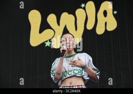 The lead singer Lyvia, performing live on stage at the Splendour ...