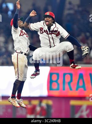 Atlanta Braves' Ozzie Albies celebrates his three-run homer against the ...