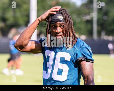 Jacksonville Jaguars running back LeQuint Allen Jr. (36) walks the ...