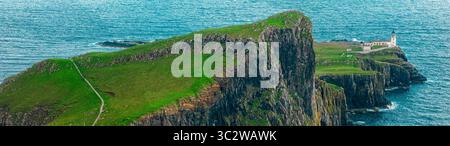 Aerial view of Neist Point, a promontory on the Isle of Skye, Scotland ...