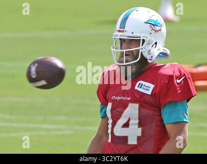Miami Dolphins quarterbacks Ryan Fitzpatrick (14) and Tua Tagovailoa (1 ...