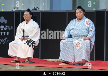Sumo wrestlers attend the final day of the London Grand Sumo Tournament ...