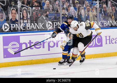 Vegas Golden Knights' Keegan Kolesar (55) and St. Louis Blues' Jimmy ...