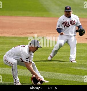 Minnesota Twins' Kenta Maeda fields a ball during a baseball camp ...