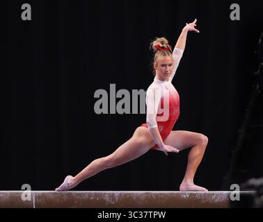 Utah gymnast Abby Paulson performs her beam routine during an NCAA ...