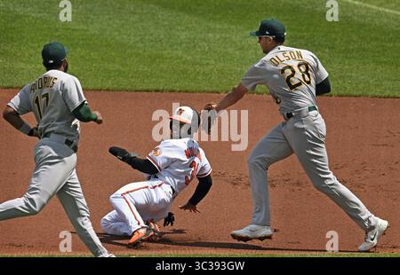 Oakland Athletics' Matt Olson, left, waits for the throw from catcher ...