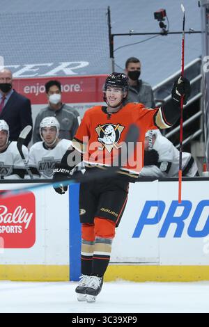 Anaheim Ducks defenseman Haydn Fleury, left, celebrates his goal with ...