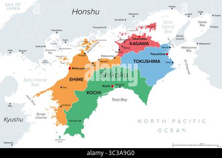 Japan political map. Main islands Honshu, Hokkaido, Kyushu, Shikoku and ...