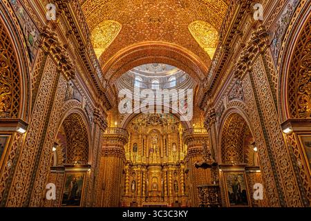 Dome and altar with golden interior of the Compania de Jesus (Society ...