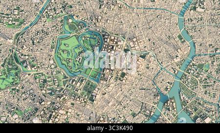 3D render map of Tokyo city view. 3D illustration of an aerial view of ...