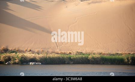 Golden sand dunes lining the Nile River at the First Cataract region ...