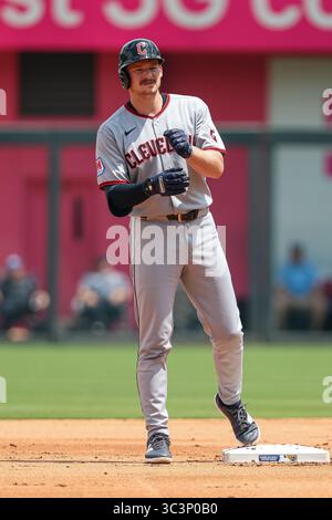 Cleveland Guardians first baseman Kyle Manzardo pauses at first base ...