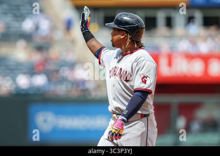Cleveland Guardians' José Ramírez reacts as Rhys Hoskins hits a two-run ...