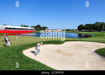 Sam Stevens hits from the bunker on the 16th hole during the third ...
