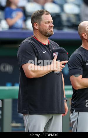Cleveland Guardians manager Stephen Vogt speaks with reporters during the Guardians celebration ...