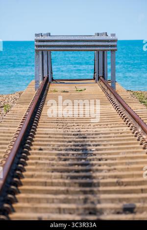 The end of Talaimannar railway track, Sri Lanka. Talaimannar is located ...