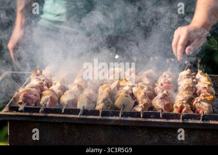 Traditional georgian mtsvadi, grill on the coals with smoke. Shashlik ...